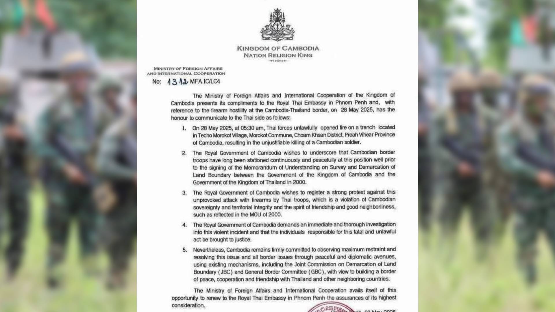 Cambodia submits diplomatic note to Thailand over border clash